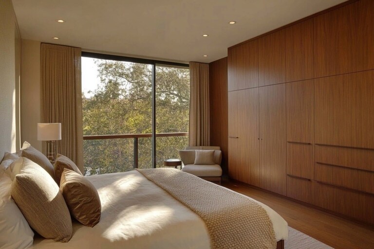 Mid-Century Modern Master Bedroom Design With 3-Door Wooden Sliding ...