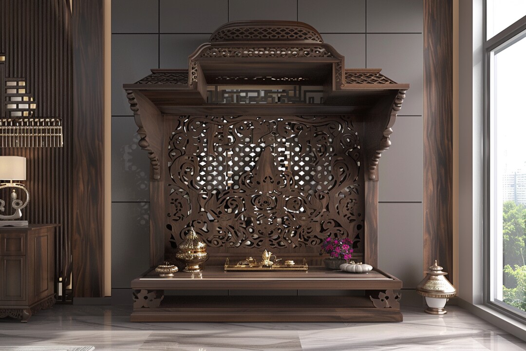 Contemporary Canadian Walnut Mandir Unit Design With CNC Cut Panels
