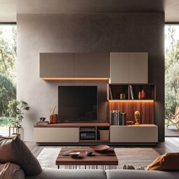 Modern TV Unit Design With Beige And Black Wall Tile