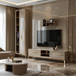 Grey And White Modern TV Unit Design With Wooden Fluted Panelling And ...