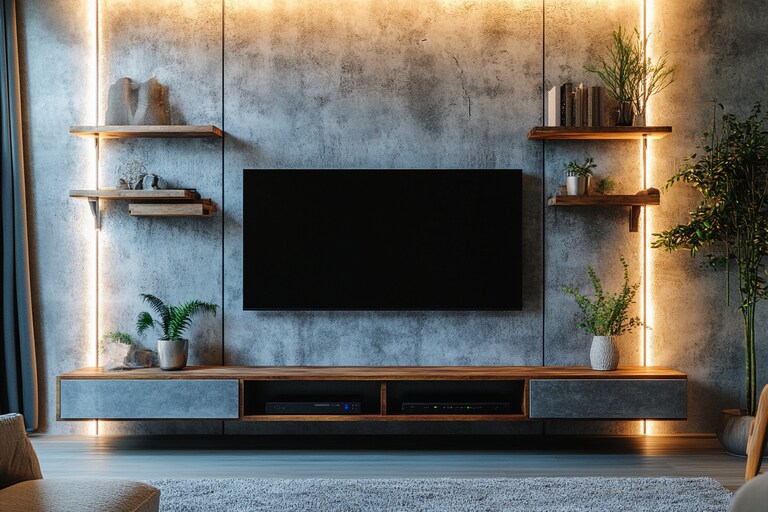 Stylish Modern Pumice Grey TV Unit Design with Concrete Wall Accent