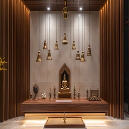 Contemporary Mandir Design With Storage And Beige Wall