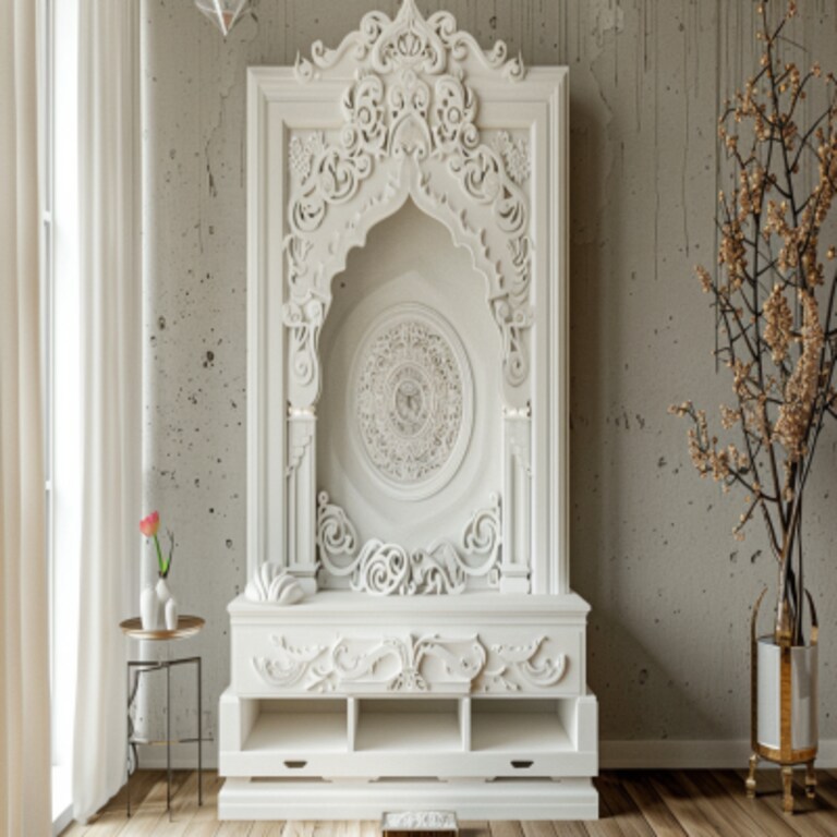 Contemporary Frosty White Mandir Unit Design With Highlighted Om Back Panel Contemporary Frosty White Mandir Unit Design With Highlighted Om Back Panel