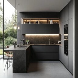Modern All-Black Glossy Modular Kitchen Design With Ample Storage Options