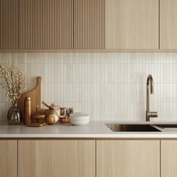 Modern Eclectic Brown and White Leaf-Pattern Kitchen Wall Tile