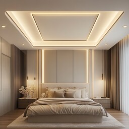 Single-Layered Wooden Ceiling Design With Square Panels And Chandelier