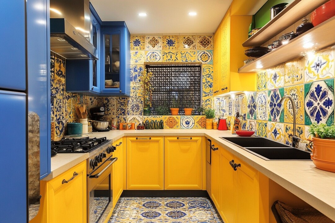 Classic Multicoloured Moroccan Kitchen Tile Design With Yellow Kitchen ...