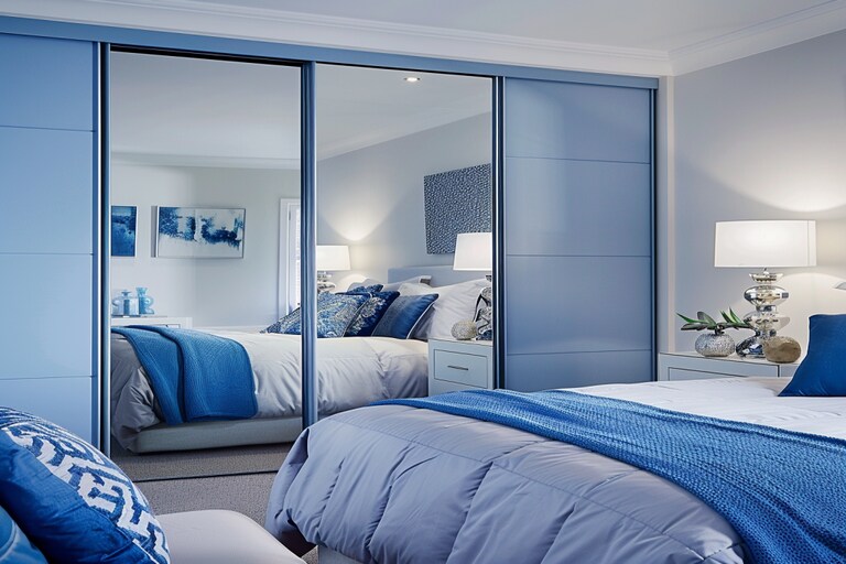 Contemporary Blue And White Bedroom Design 2-Door Blue Sliding Mirrored ...