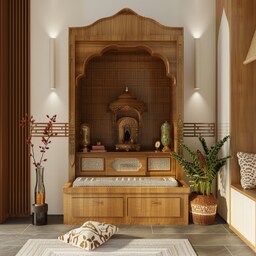 Modern Frosty White Open Mandir Design With Stepped Drawer Storage