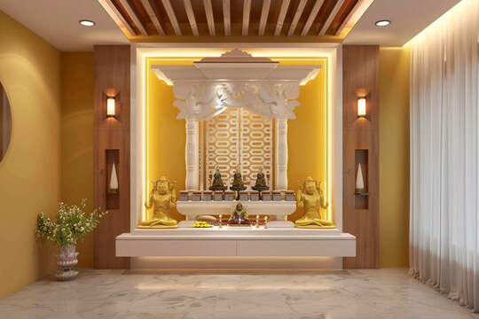 Art Deco Wood And White Mandir Unit With Mustard Yellow Accent Wall