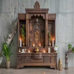 Modern Walnut Bronze And Frosty White Pooja Unit Design With Bi-Fold Door