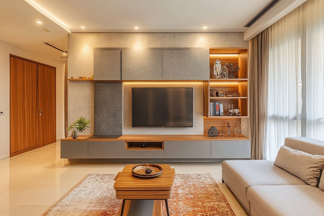 Modern Grey And Wood TV Unit Design With Closed And Open Storage