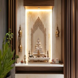 Modern Mandir Design with Floating Ledges and Back Panel