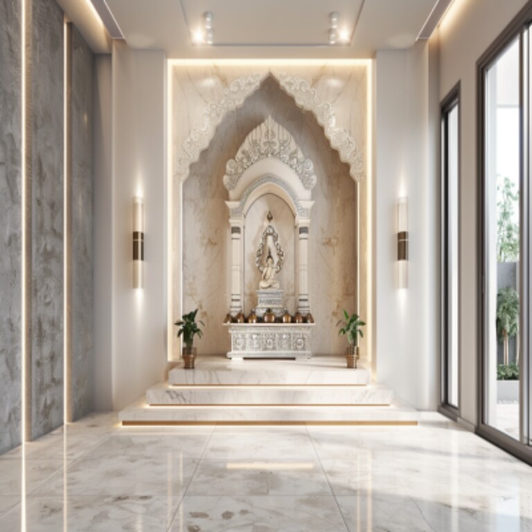 Modern White Mandir Design With Spacious Cabinets Modern White Mandir Design With Spacious Cabinets