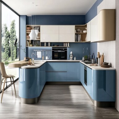 1 Smokey Blue Kitchen with Light Hardwood Floor Design Ideas with ...