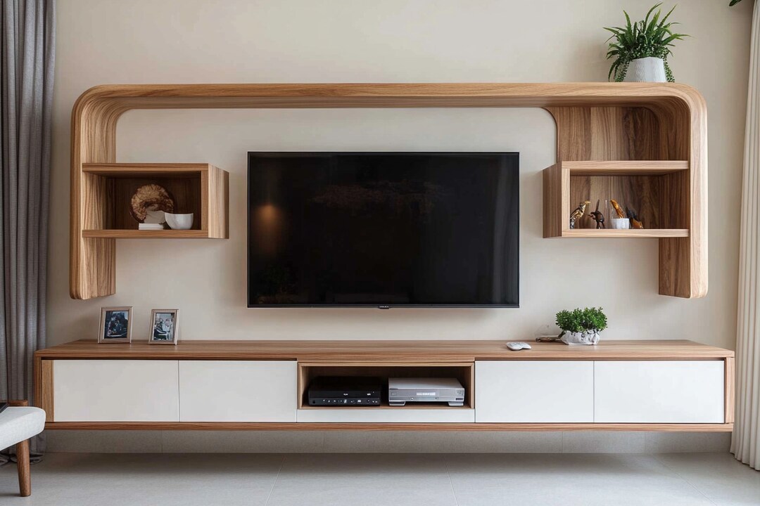 Classic White And Wood TV Unit Design With Wall-Mounted Console And ...