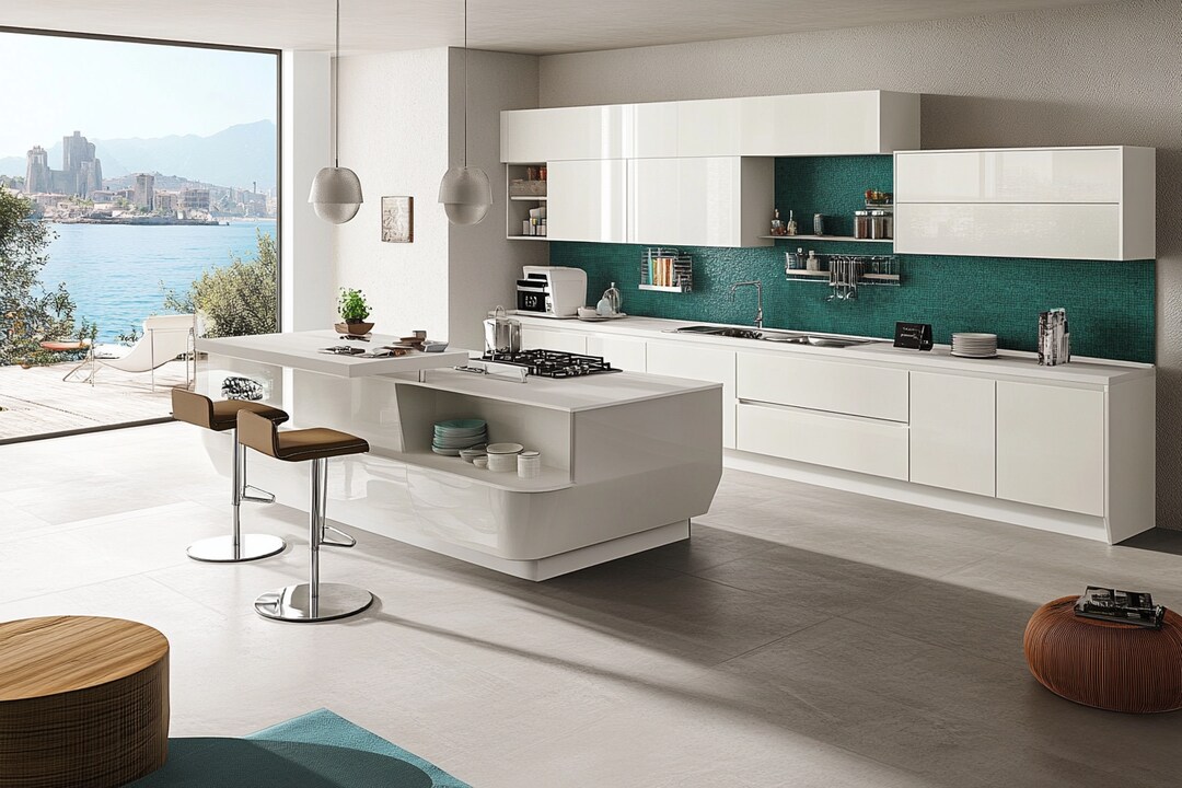 Modern Modular White Island Kitchen Design With Sea-Green Backsplash