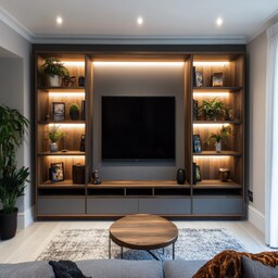 Contemporary Smoke Grey TV Unit Design With Marble Accent Wall