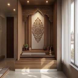 Modern Champagne-Toned Floor-Mounted Mandir Design With Geometric Backdrop