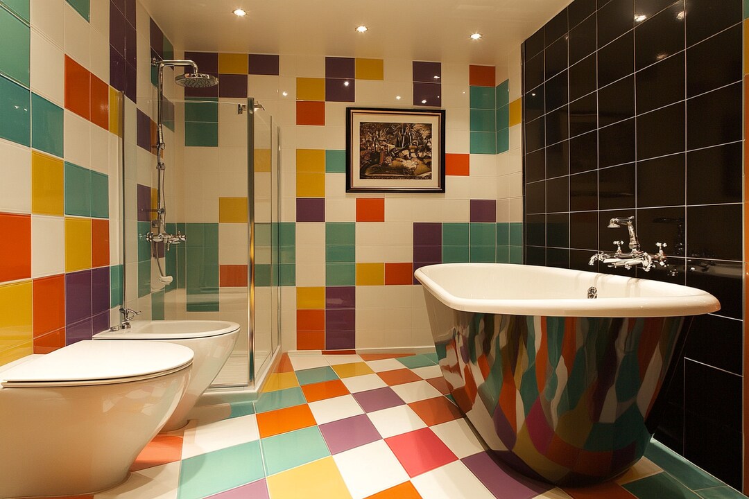 Contemporary Ceramic Checkerboard Multicoloured Bathroom Tile Design