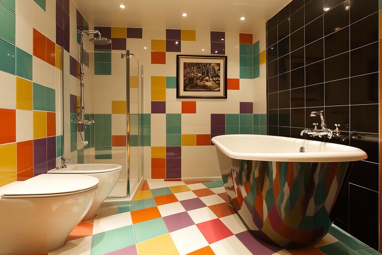Contemporary Ceramic Checkerboard Multicoloured Bathroom Tile Design