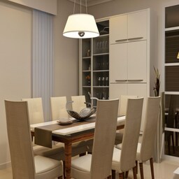 Contemporary White And Beige 6-Seater Dining Room Design With Bevelled ...