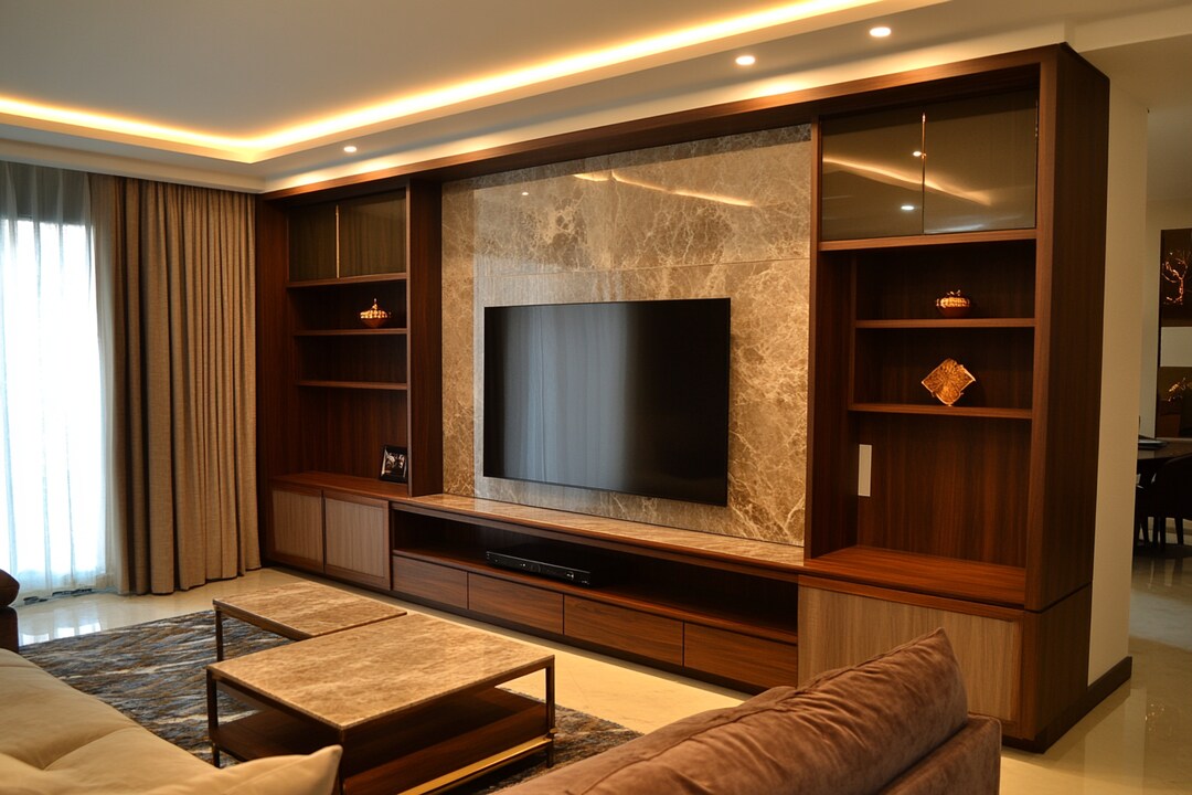 Contemporary Tan And Marble TV Unit Design With Brown Fluted Panelling
