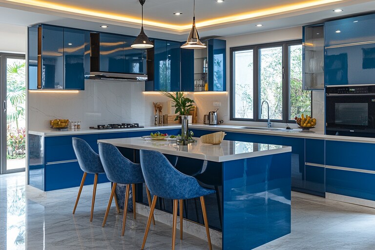 Classic Blue Modular Island Kitchen Design With Membrane Kitchen Cabinets