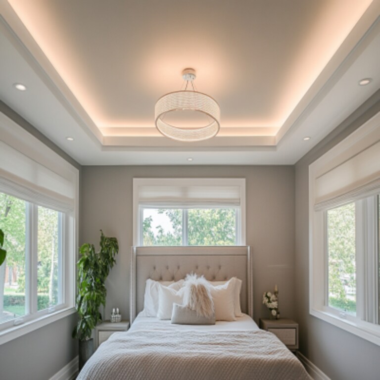Single-layered gypsum Bedroom Ceiling Design With Spotlights Single-layered gypsum Bedroom Ceiling Design With Spotlights