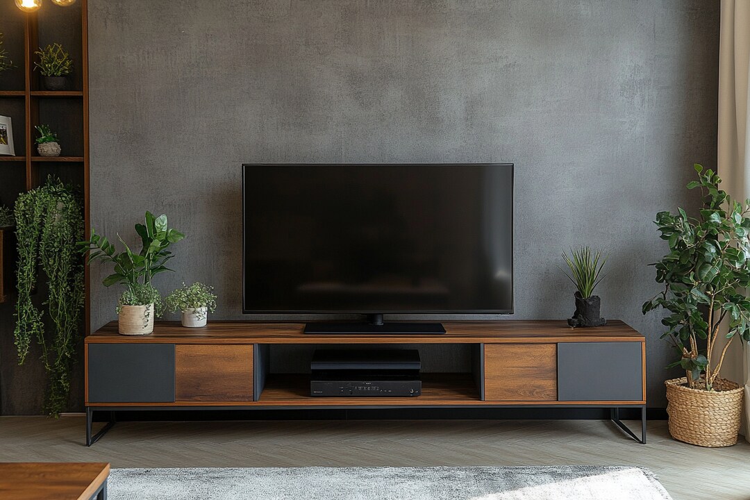Modern TV Unit Design in Slate Grey and Walnut Bronze
