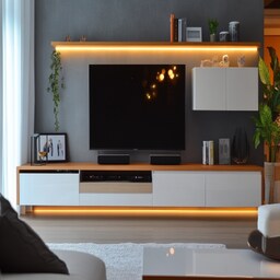 Classic Wooden TV Unit Design with Glossy Marble Back Wall