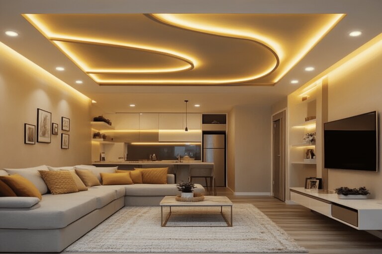 Contemporary Plus Minus Gypsum False Ceiling Design With Spotlights