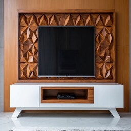 Modern Wood And White TV Unit Design With Spacious Marble Back Panel