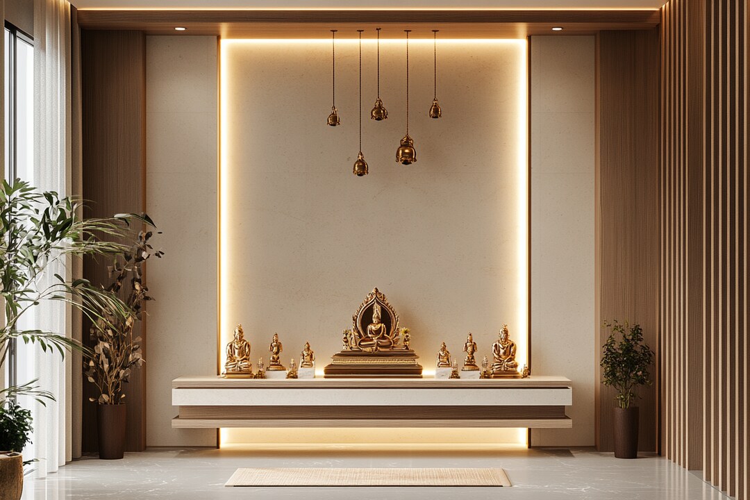 Contemporary Mandir Design With Storage And Beige Wall