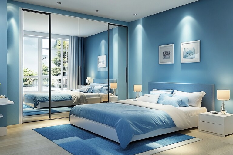Contemporary Blue Master Bedroom Design With 2-Door Mirrored Sliding ...