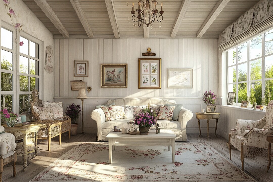 Shabby Chic Single-Layered Living Room Ceiling Design With Groove