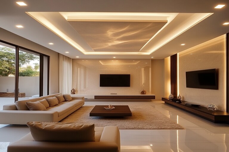 Modern Single-Layered False Ceiling Design With Profile And Recessed ...