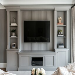 Contemporary TV Unit Design With Grey Marble Accent Wall And Wooden ...