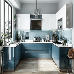 Modular Modern Open Kitchen With Blue Kitchen Cabinets And White-Black ...