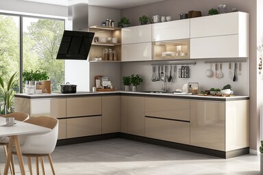 Contemporary Modular L Shaped Kitchen Design With Irish Cream And ...