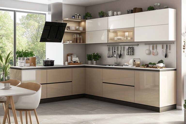 Contemporary Modular L Shaped Kitchen Design With Irish Cream And ...