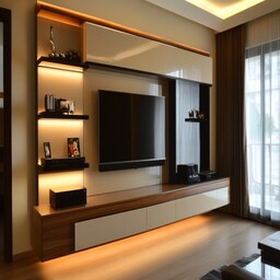 High-Gloss Modern TV Unit Design with White Base and Fluted Panels