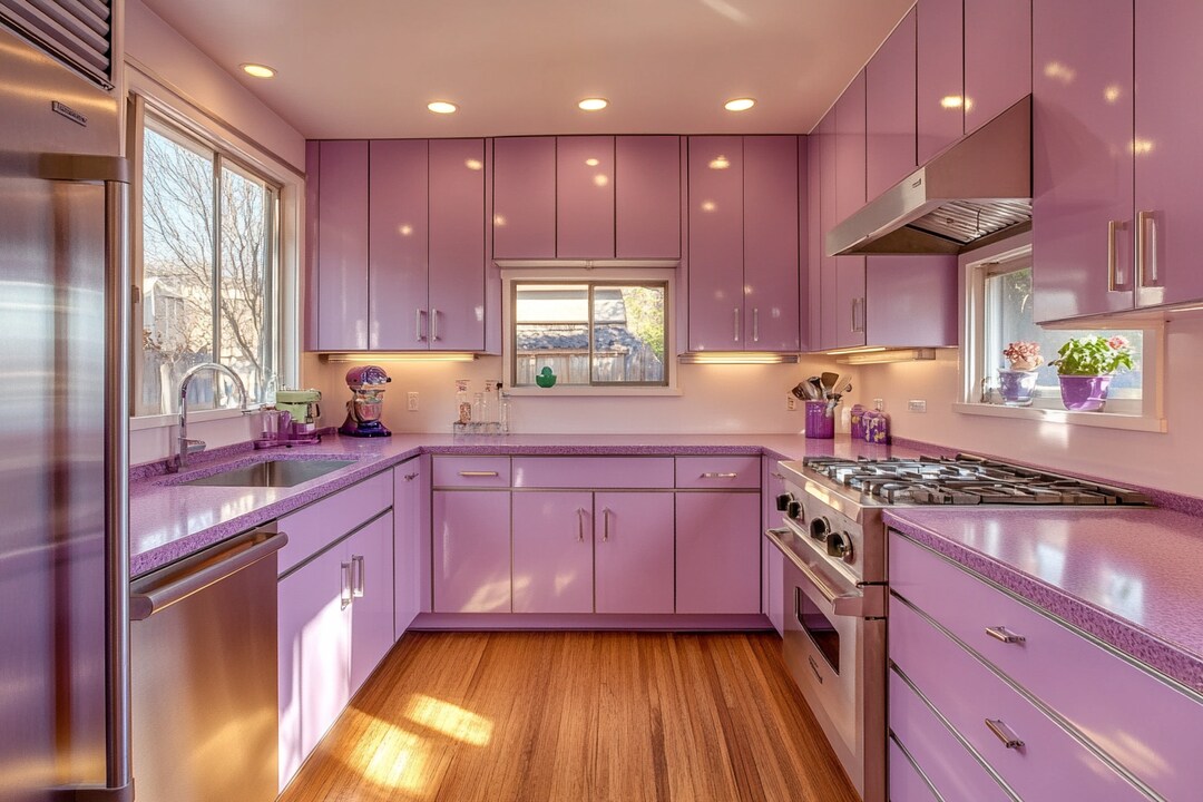 Mid Century Modern Modular U Shaped Lavender Kitchen Cabinet Design