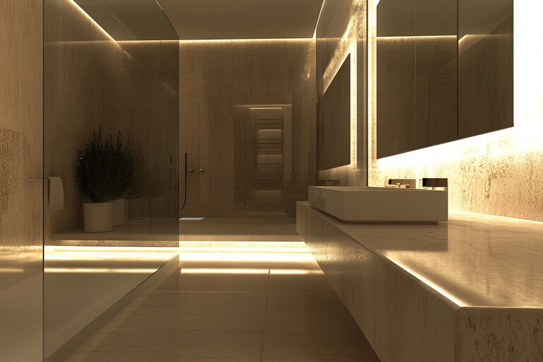Contemporary Bathroom Design with Backlit Mirror and Glass Partition