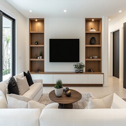 Contemporary Slate TV Unit Design with Wall Trims Backdrop