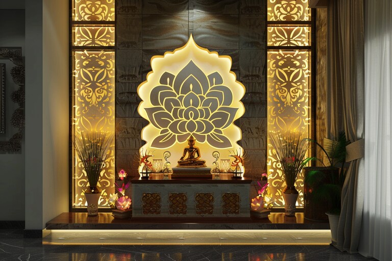 Modern Mandir Unit Design With LED Wall And Lotus Motifs