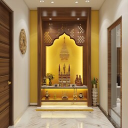 Classic White And Wood Floor-Mounted Mandir Design Integrated With Kitchen
