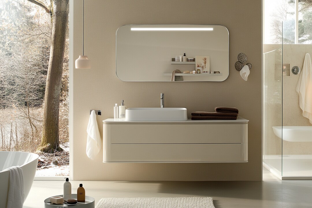 Modern White And Beige Bathroom Design With Rectangular Mirror And LED ...
