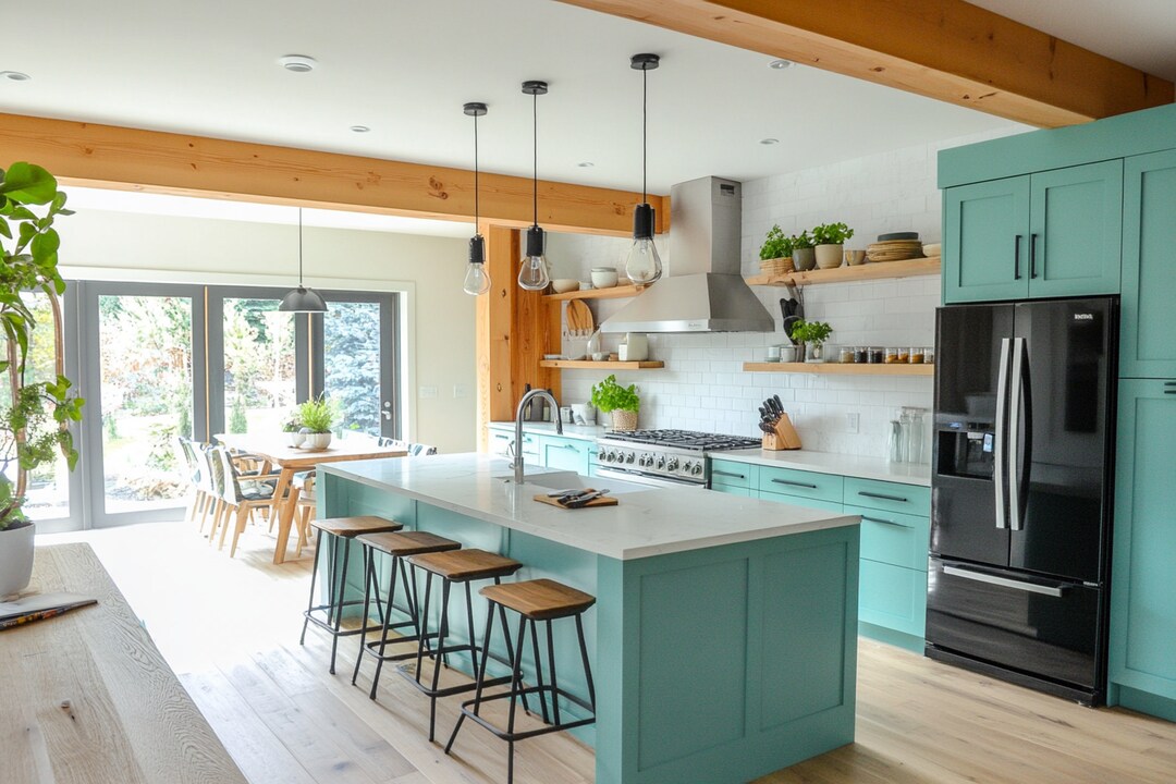 Aqua Green Modern Open Kitchen Design with Quartz Countertops