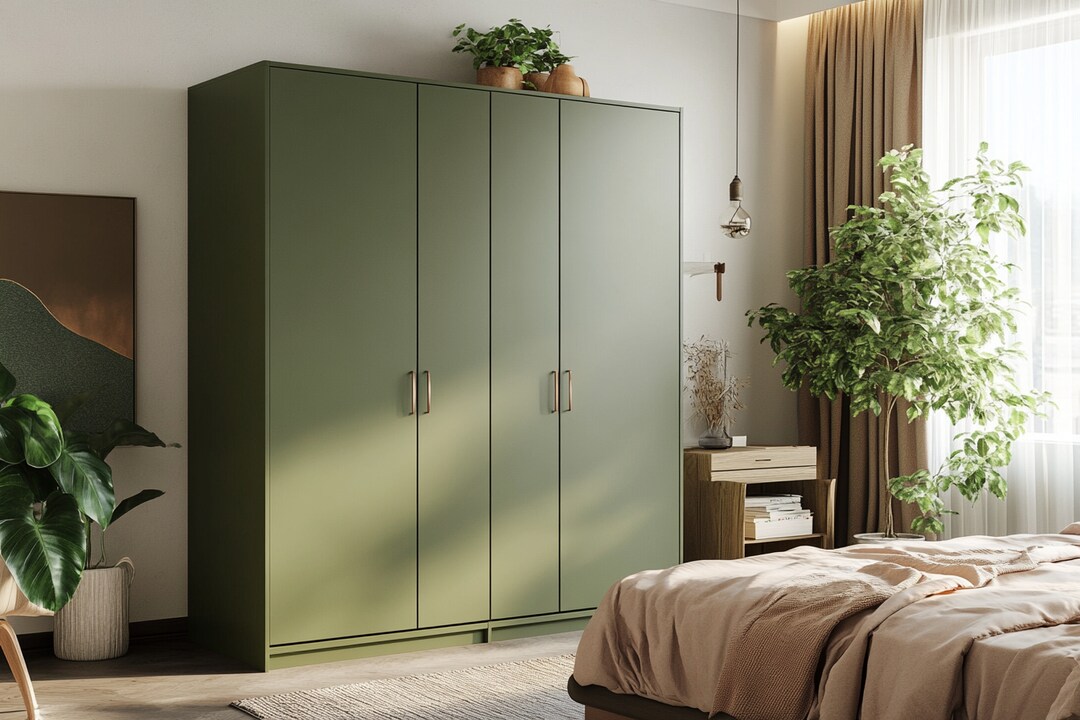 Classic Green 4-Door Swing Wardrobe Design with Matte Membrane Finish